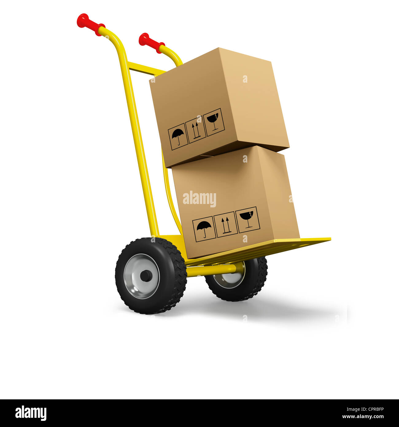 Yellow hand cart with cardboard boxes on white background Stock Photo ...