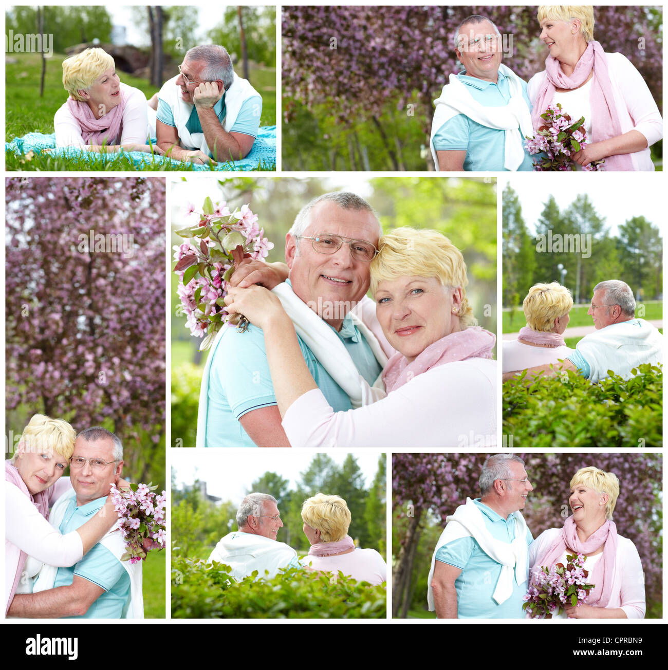 Collage of happy mature couple spending free time together outdoor ...