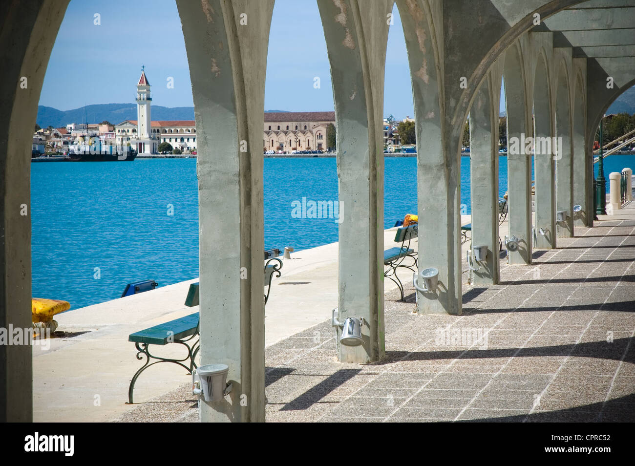 Pier in the port with view of Zante town in background, Greece Stock ...