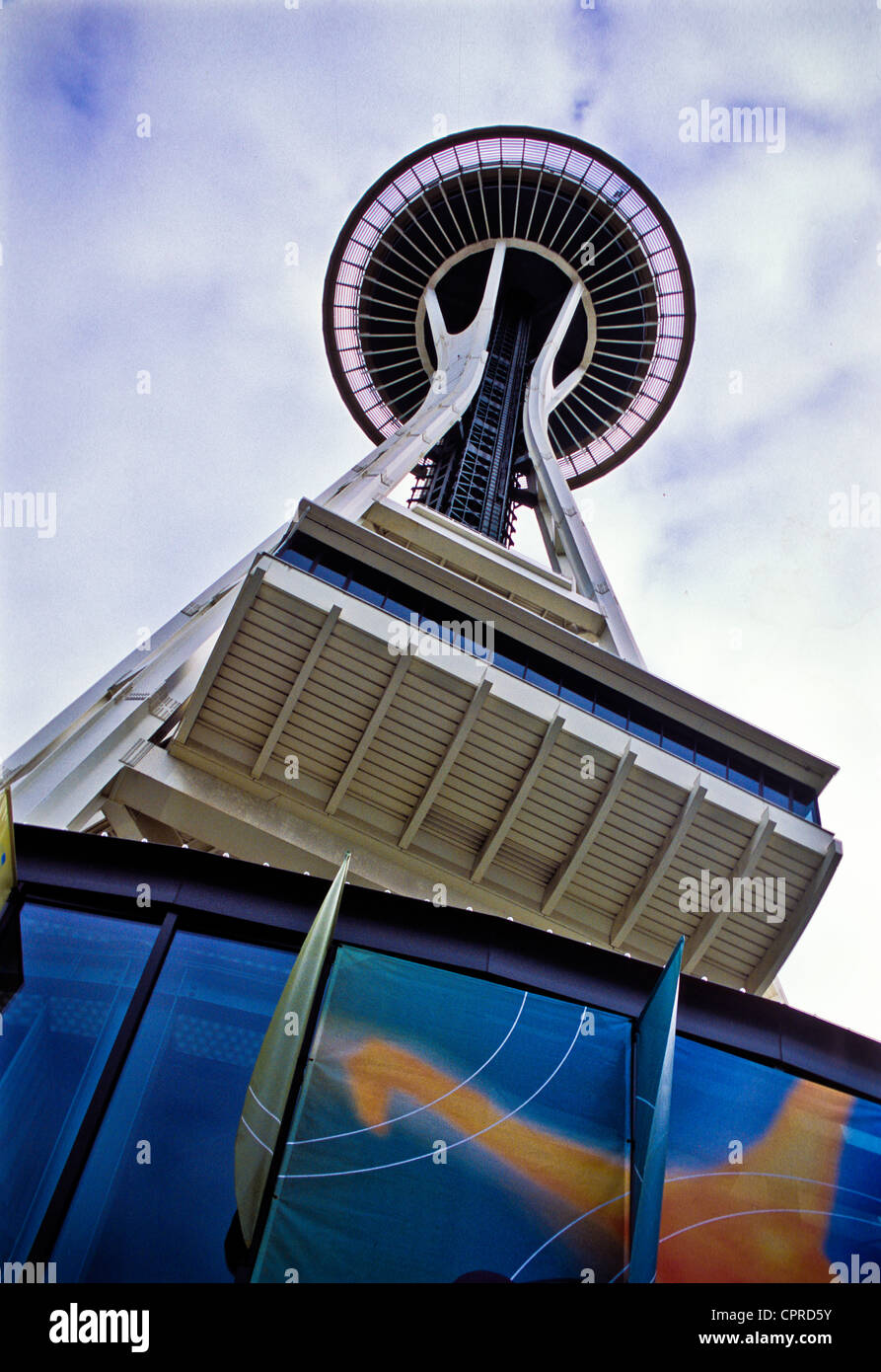 Space Needle tower, Seattle, Washington state shipping port . Tug boats ...