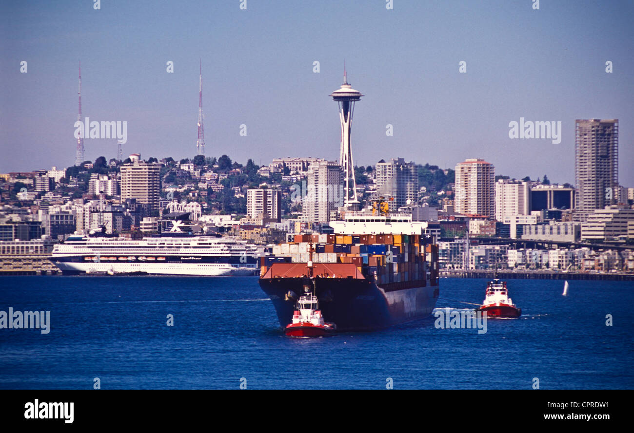 Space Needle tower, Seattle, Washington state shipping port . Tug boats ...