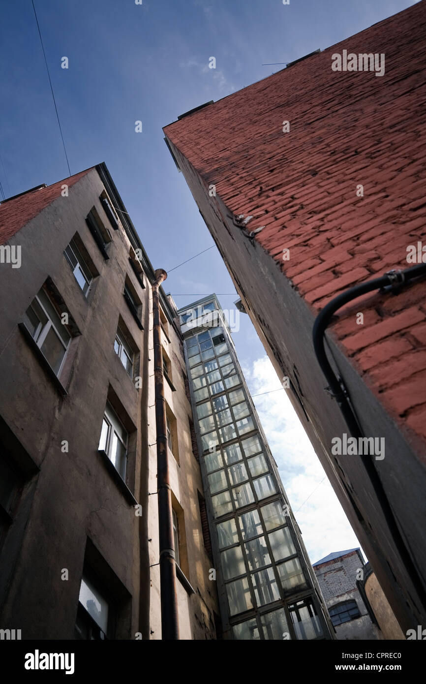 Construction of external lift shaft typical for old part of Saint ...