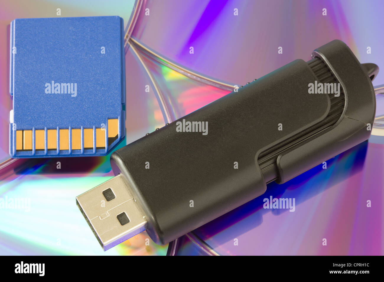 different media storage : cd , dvd, usb device and sd card Stock Photo ...