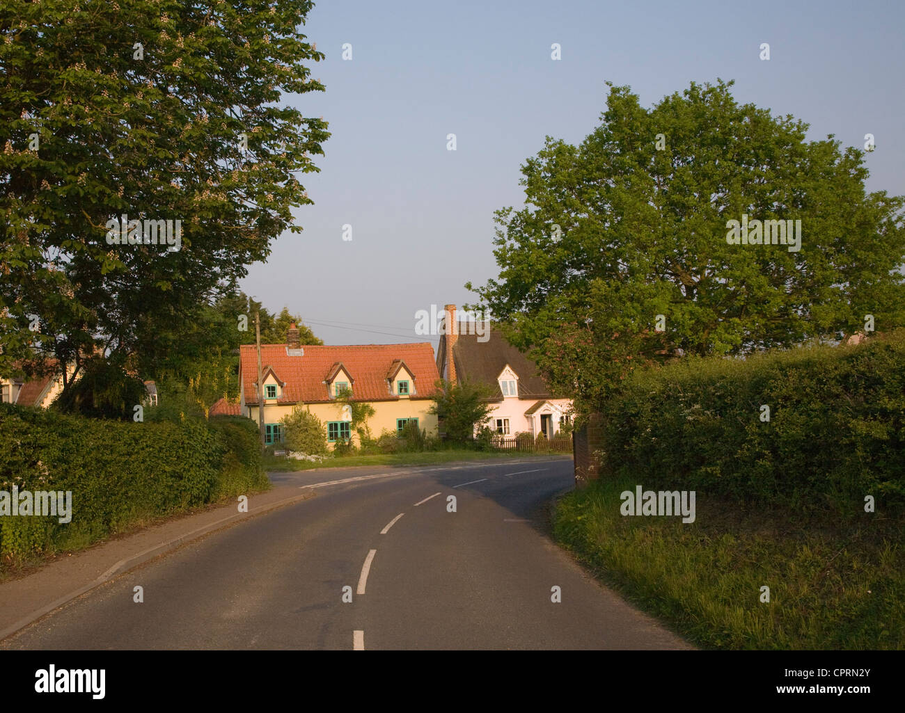 Attractive village houses on the green at late evening, Hartest ...