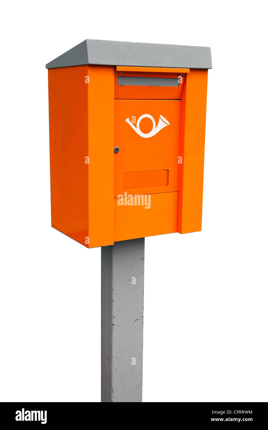 Orange European metal post box Stock Photo - Alamy