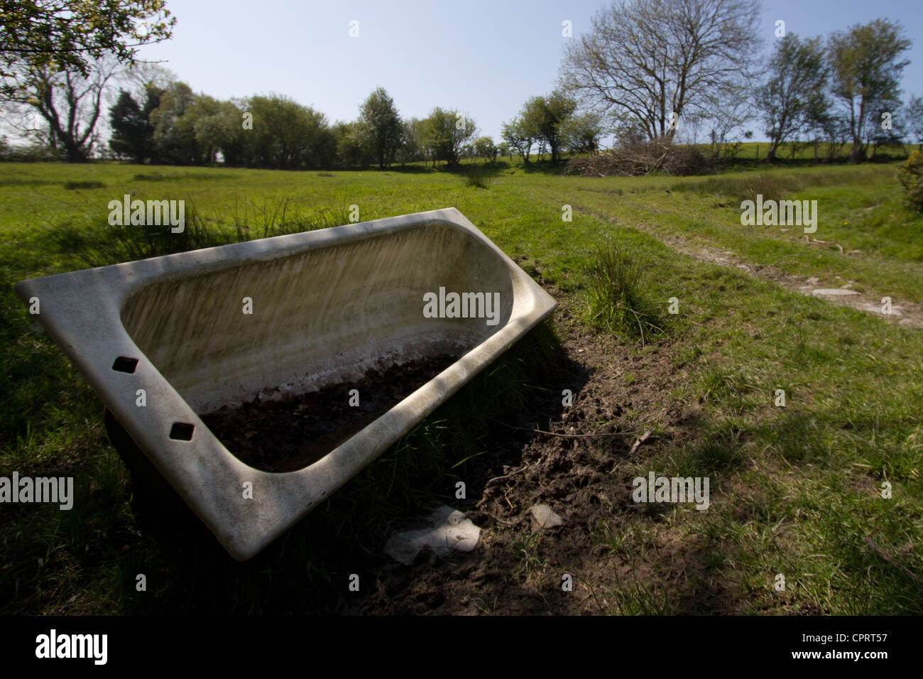 Empty bath, used as a water trough, in a field in Wales Stock Photo - Alamy