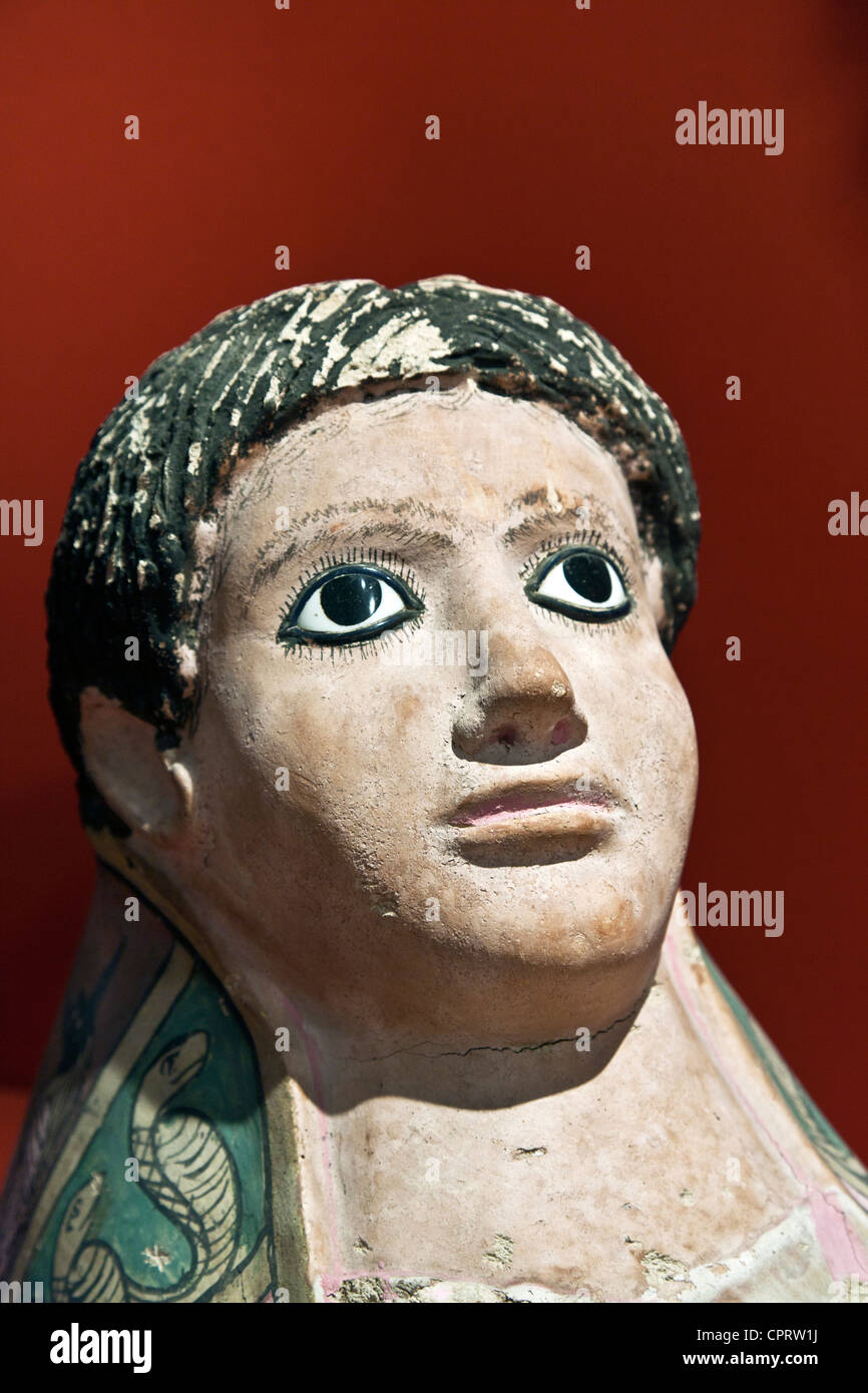 dramatic painted Egyptian funerary mask from Roman period on display ...