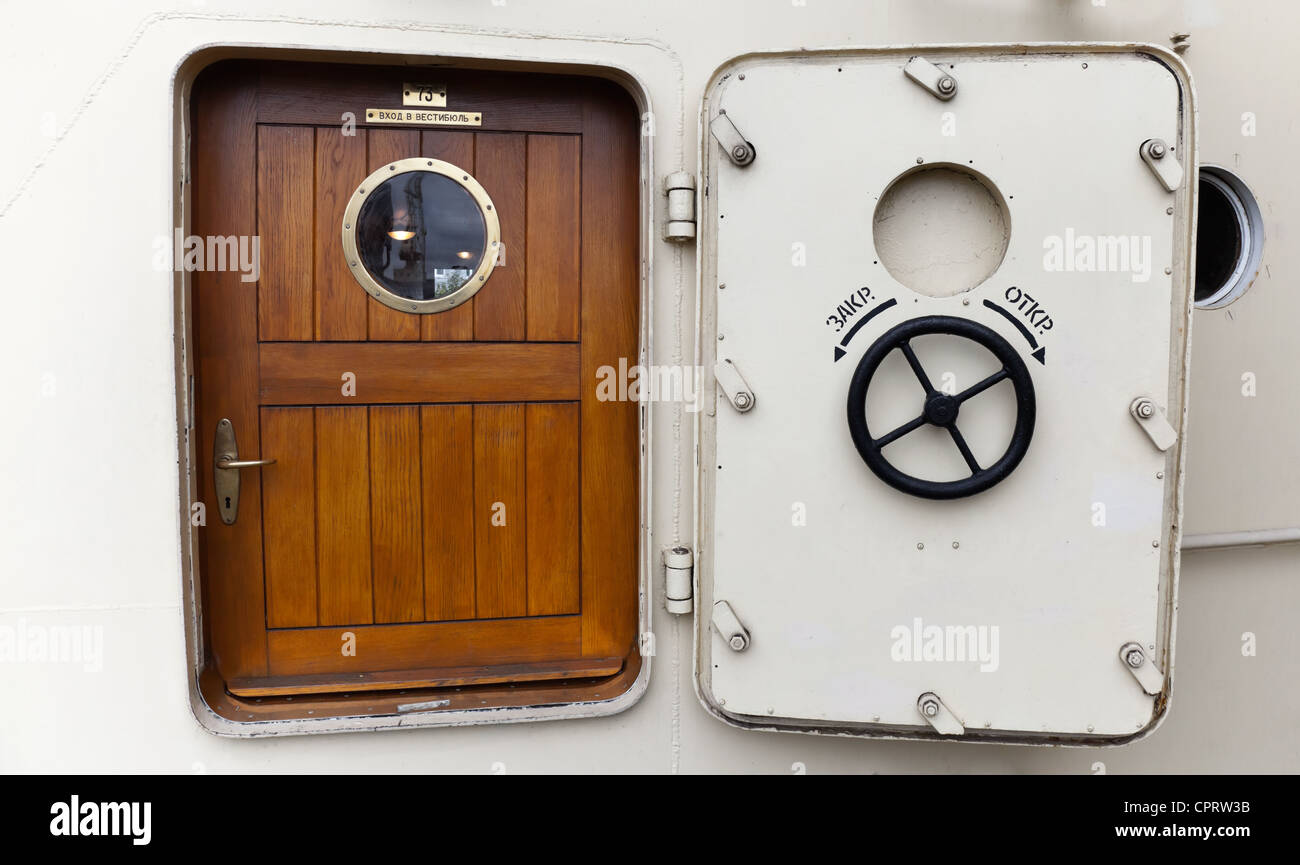 Naval door with handle and window with open and Close text label in ...