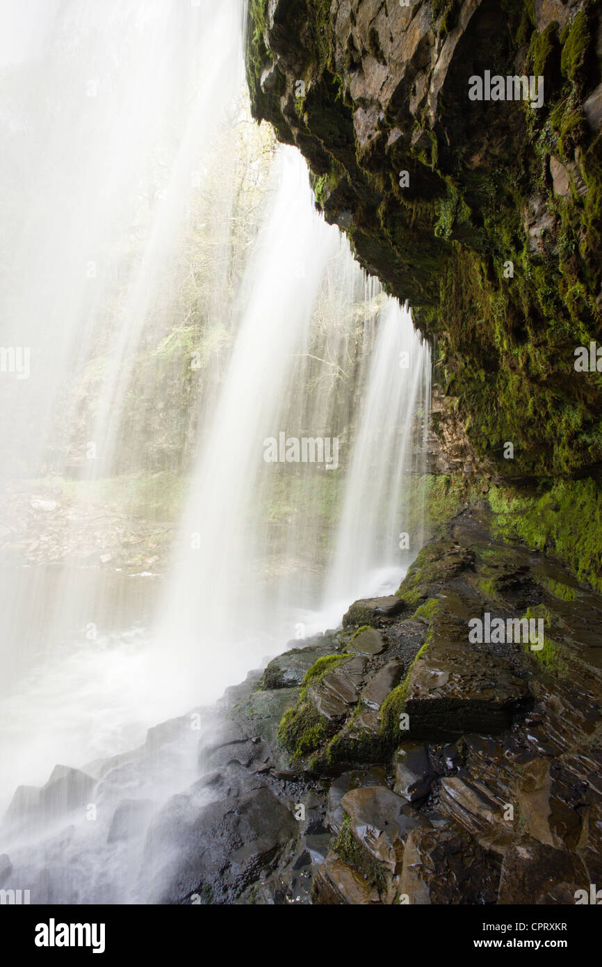 The wet path behind Sgwd Yr Eira Waterfall Brecon Beacons National Park ...