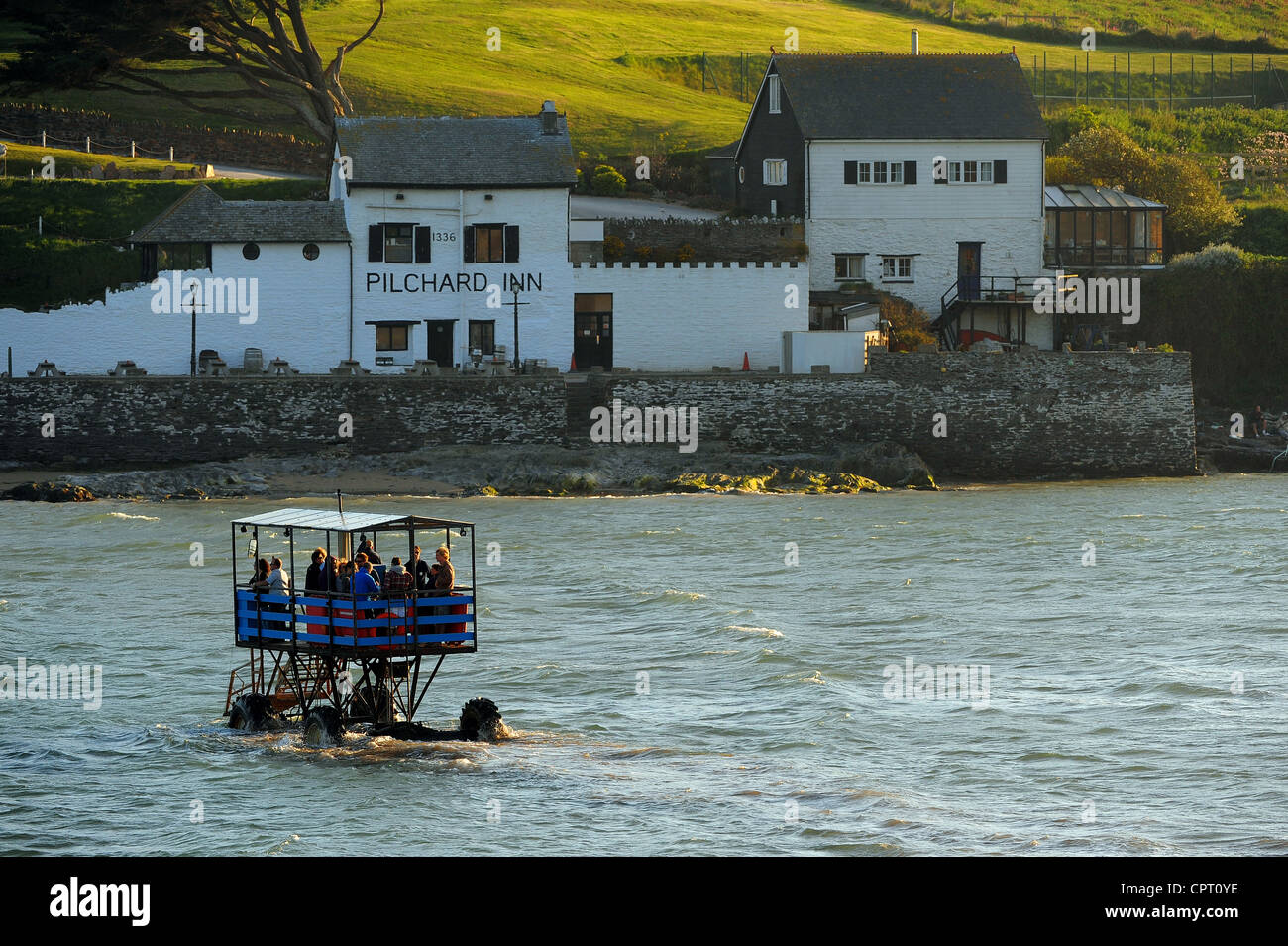 The Burgh Island sea tractor carrying passengers towards the Pilchard ...