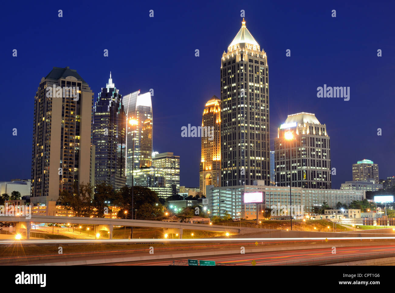 Interstate 85 runs below the skyline of Midtown Atlanta, Georgia, USA ...