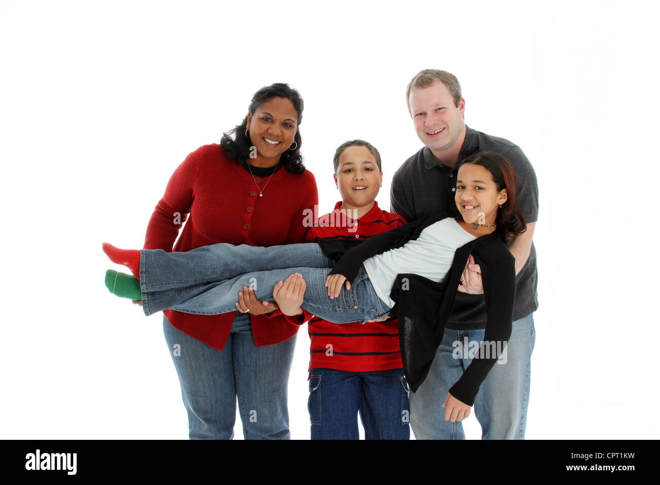 Family on white background carrying a child Stock Photo - Alamy