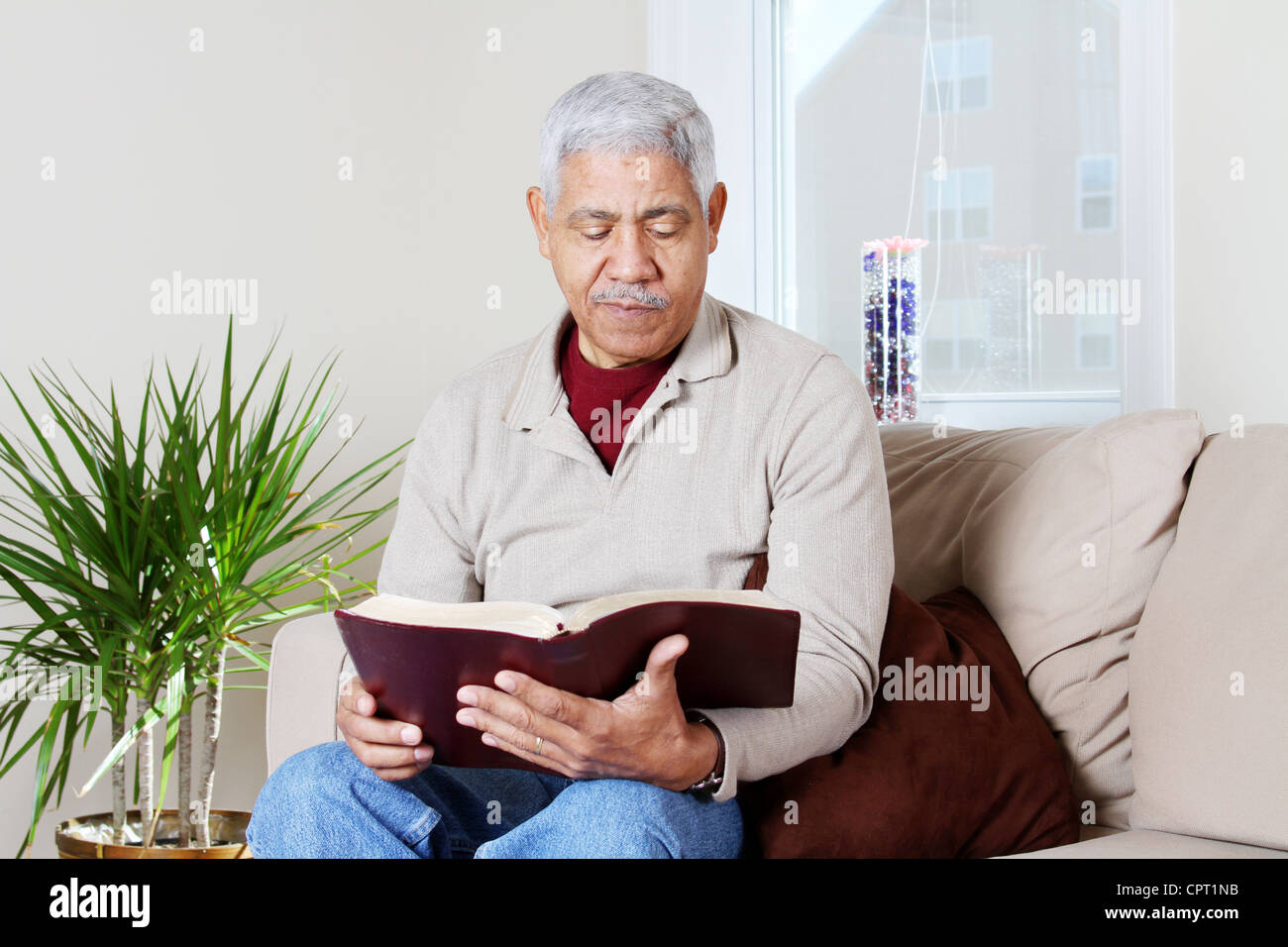Man reading the Bible in his home Stock Photo - Alamy