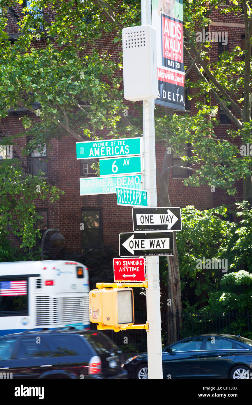 Road street sign for Bleeker Street and the Avenue of the Americas in ...