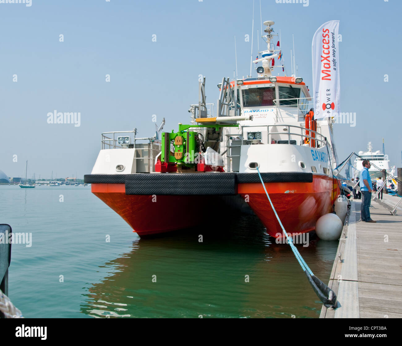 A wind farm crew transfer vessel, catamaran, moored at Southampton ...
