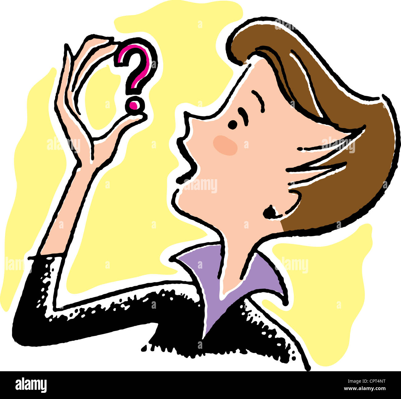 A Woman Looking At A Question Mark That Shes Holding In Her Hands