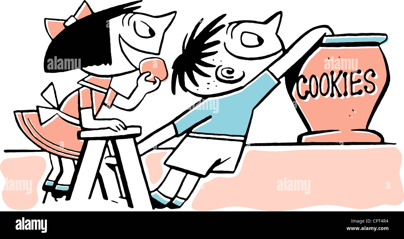 A boy putting his hand in a jar of cookies while a girl looks on Stock ...