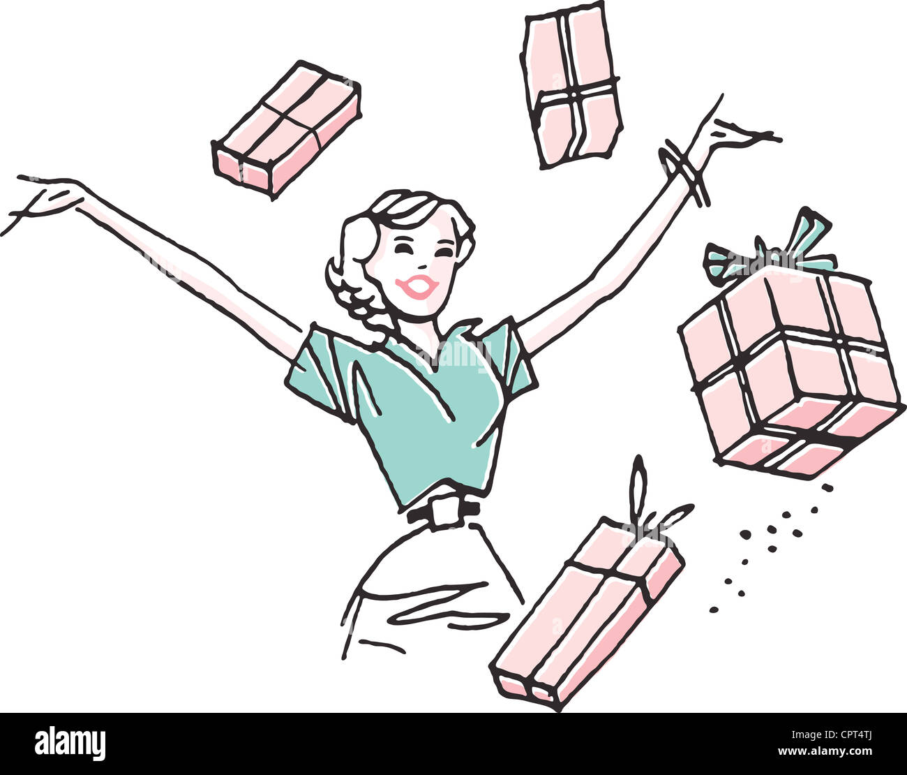 A woman with her arms up surrounded by presents Stock Photo - Alamy