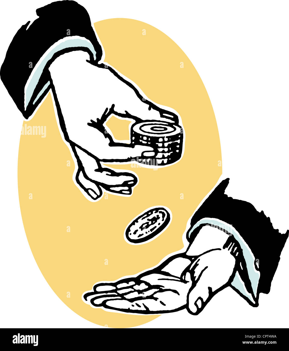 One hand putting coins into another hand Stock Photo - Alamy