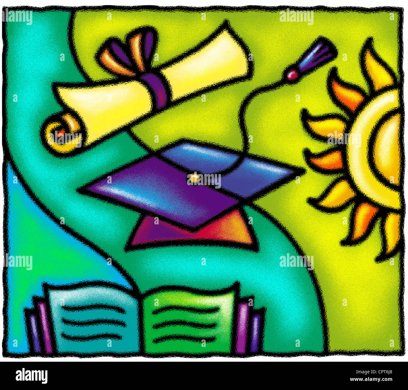 A graduation cap, diploma, book, and sun Stock Photo - Alamy