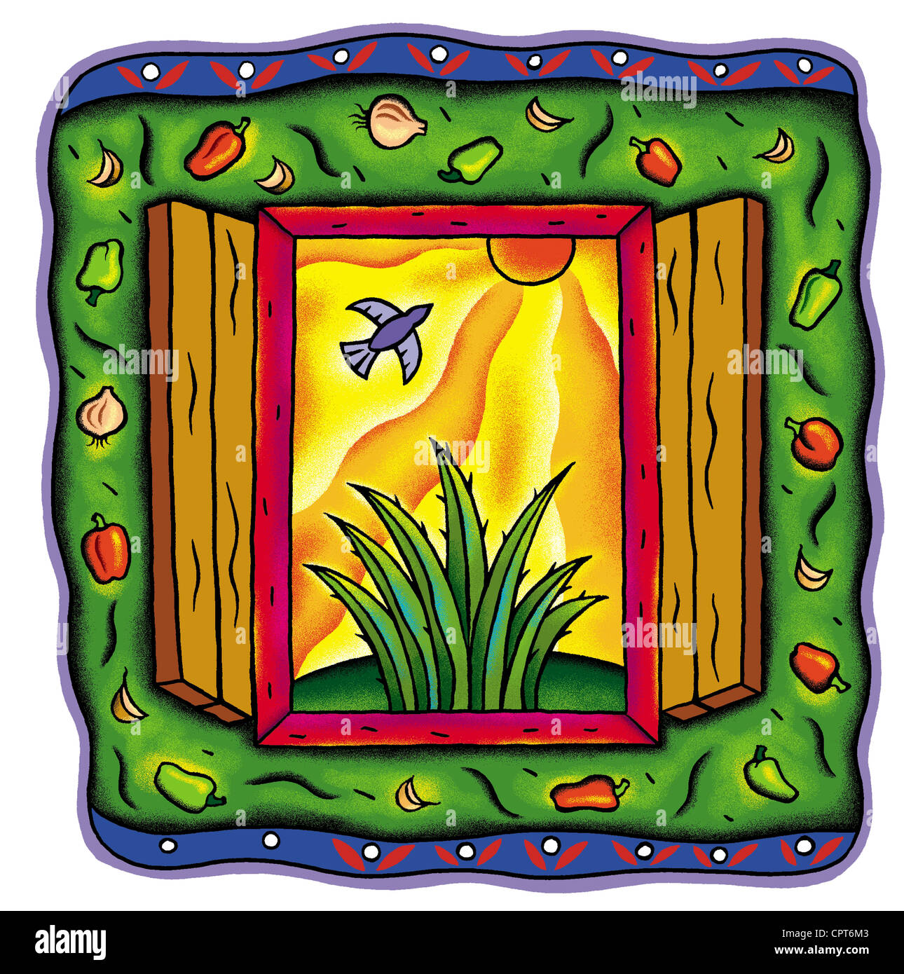 A window with a bird flying outside toward the sun Stock Photo - Alamy