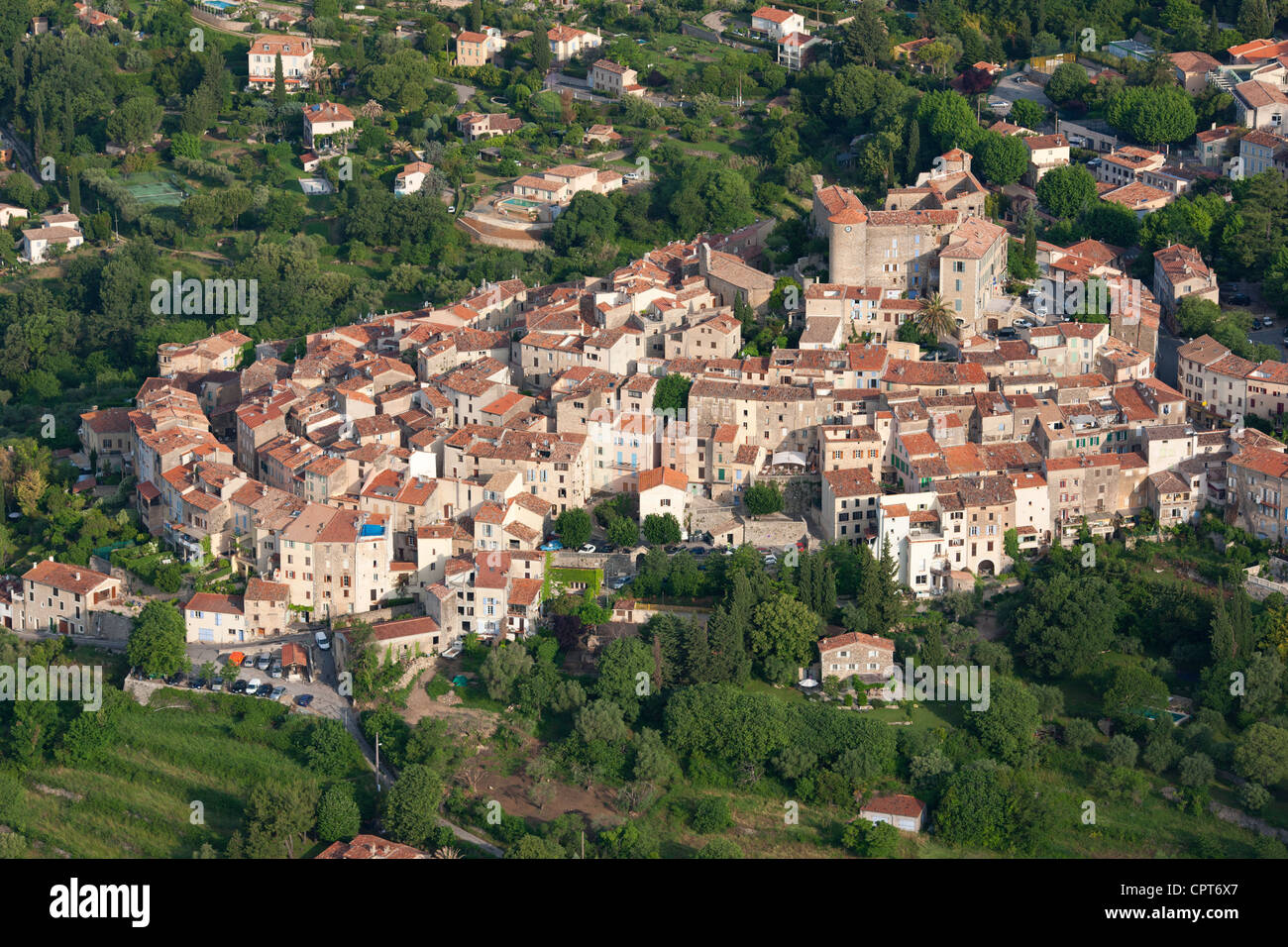 AERIAL VIEW. Perched medieval village of Callian. Var, French Riviera's ...