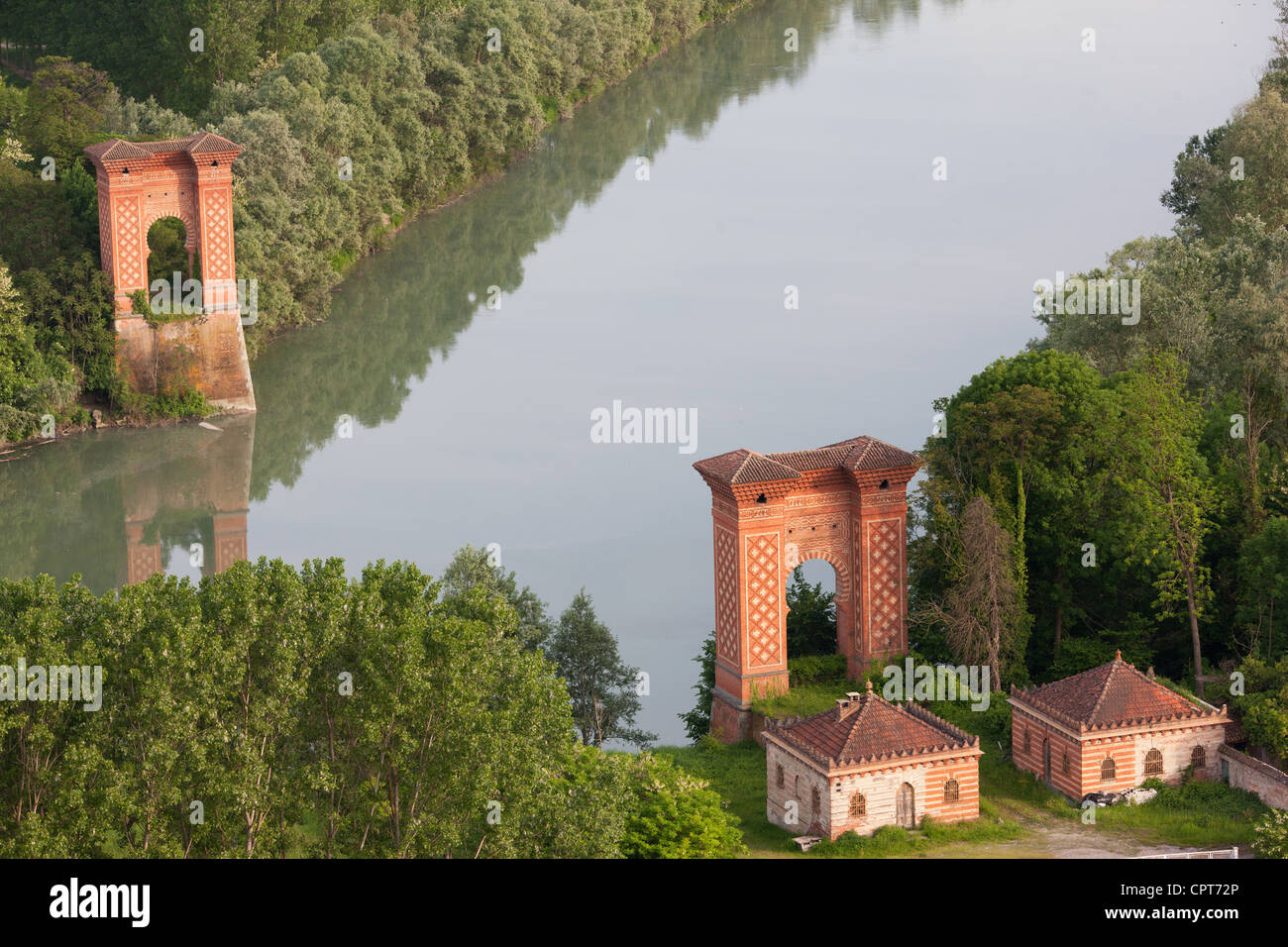AERIAL VIEW. Relics of the Moresco Bridge. Tanaro River in Pollenzo ...
