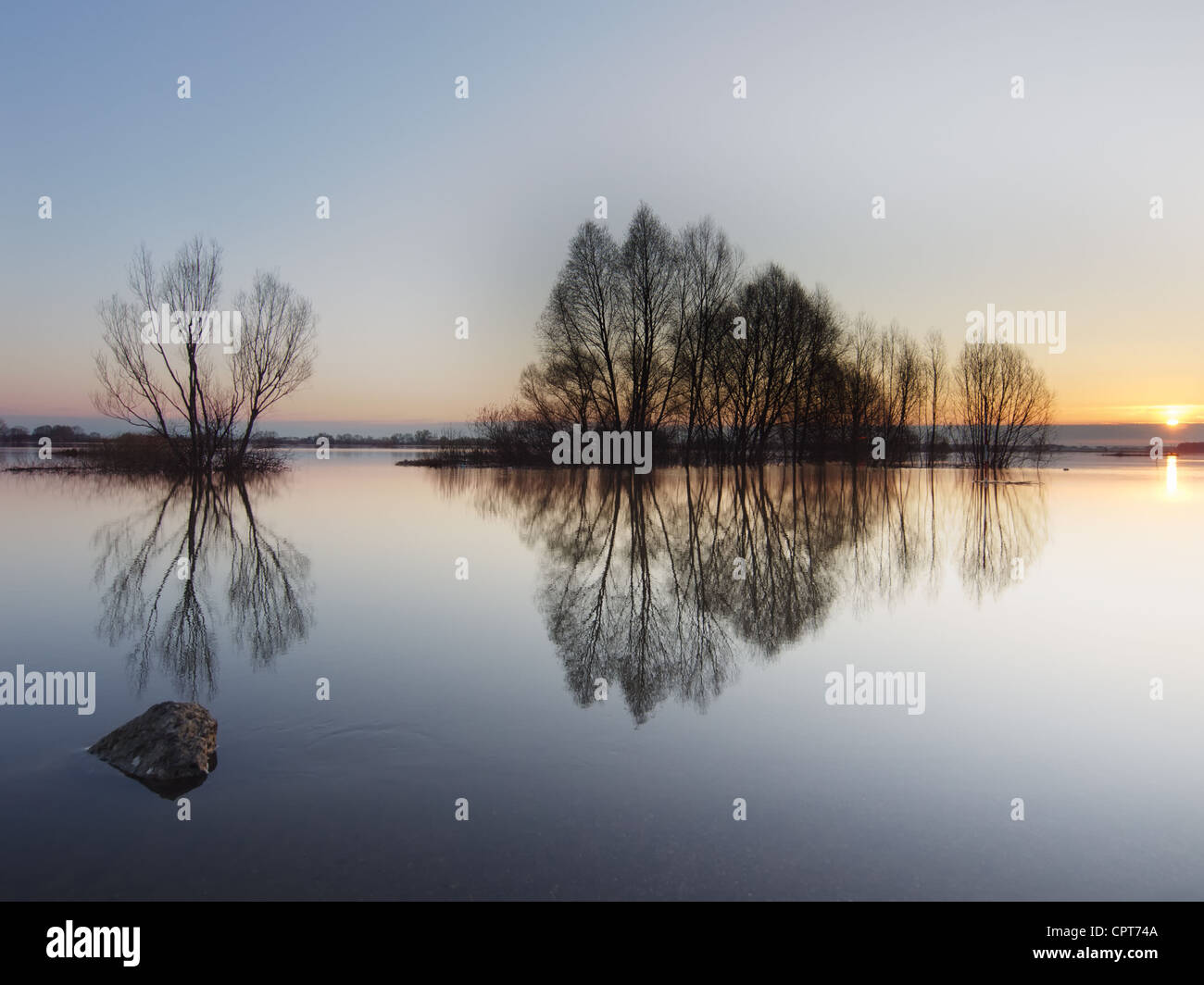 Hight water river on Sunrise. Spring at Oka river in Russia Stock Photo ...