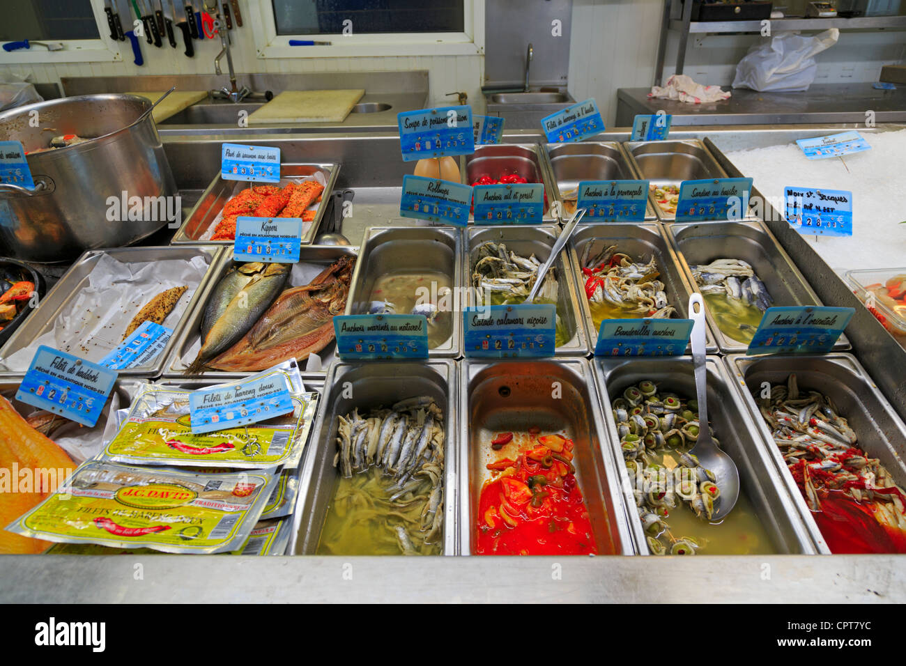 Prepared fresh and smoked fish at the market in Honfleur, France Stock ...