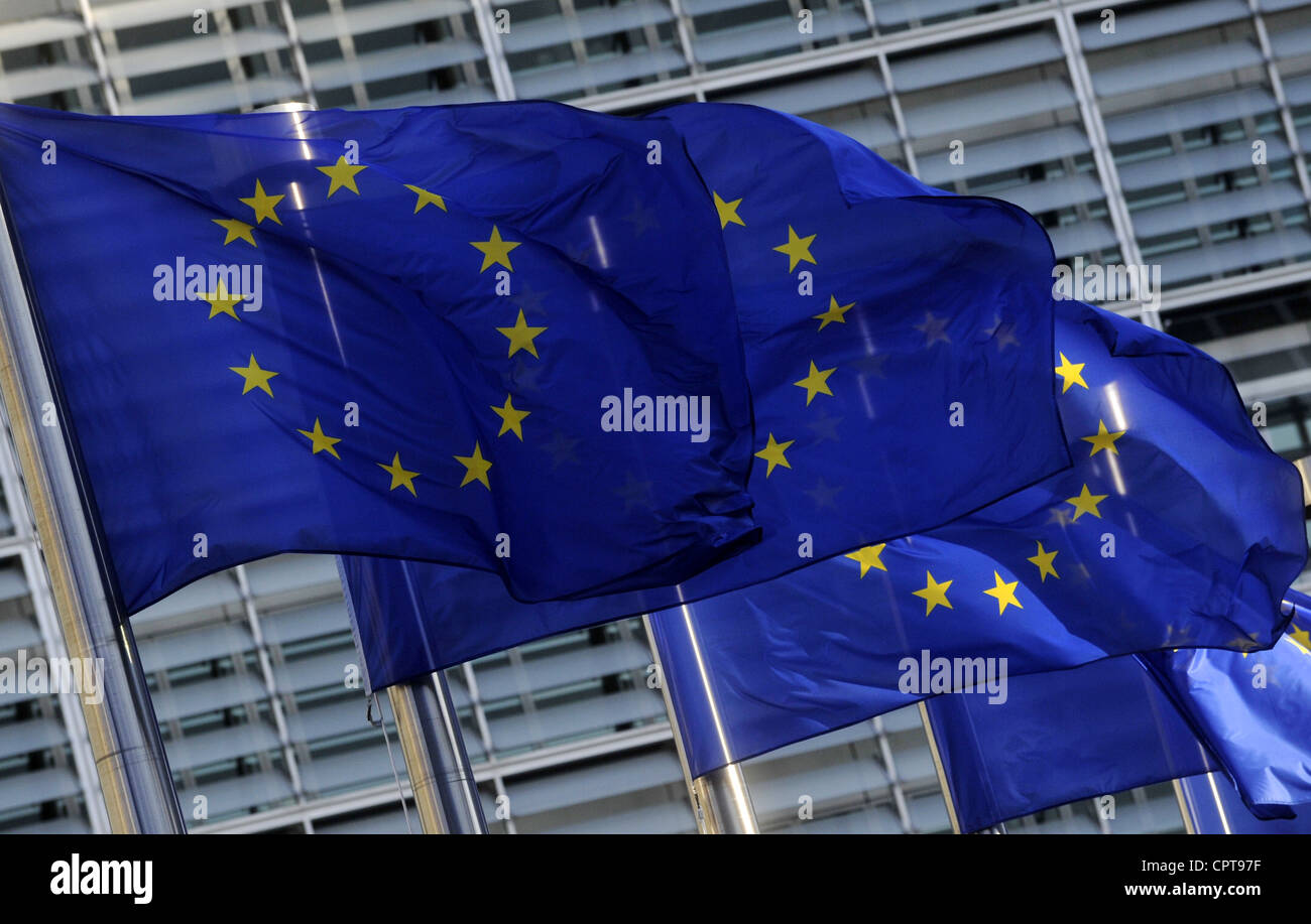 Flags EU European Union infront building European Commission Brussels ...
