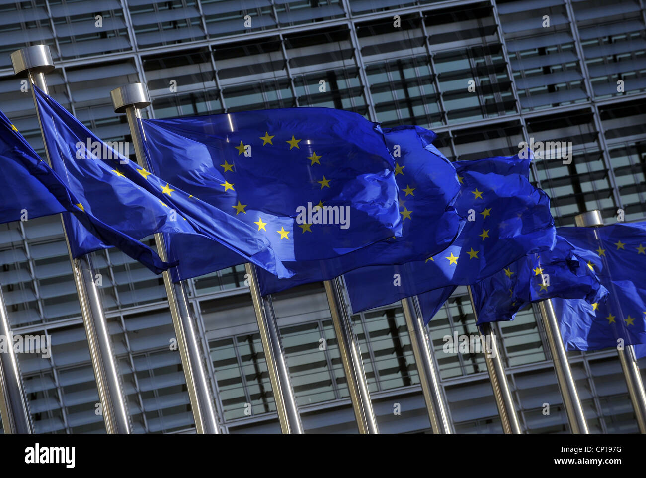 Flags EU European Union infront building European Commission Brussels ...