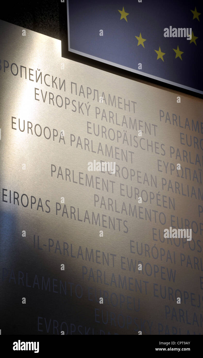European Parliament written sign various European languages at building ...