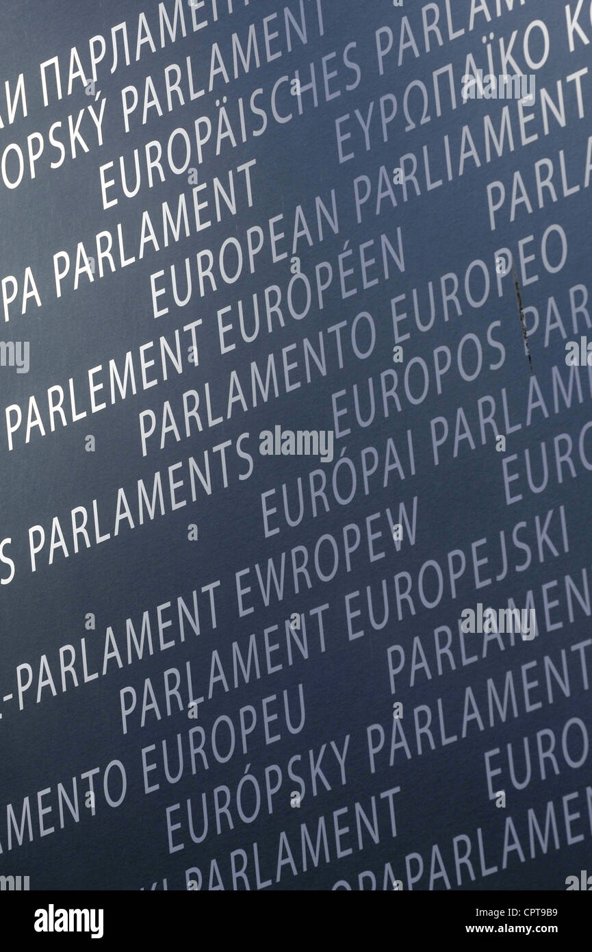 European Parliament written sign various European languages at building ...