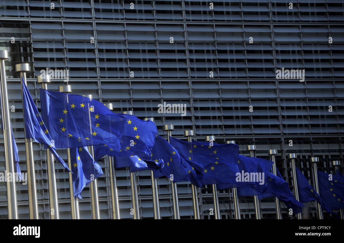 Flags EU European Union infront building European Commission Brussels ...