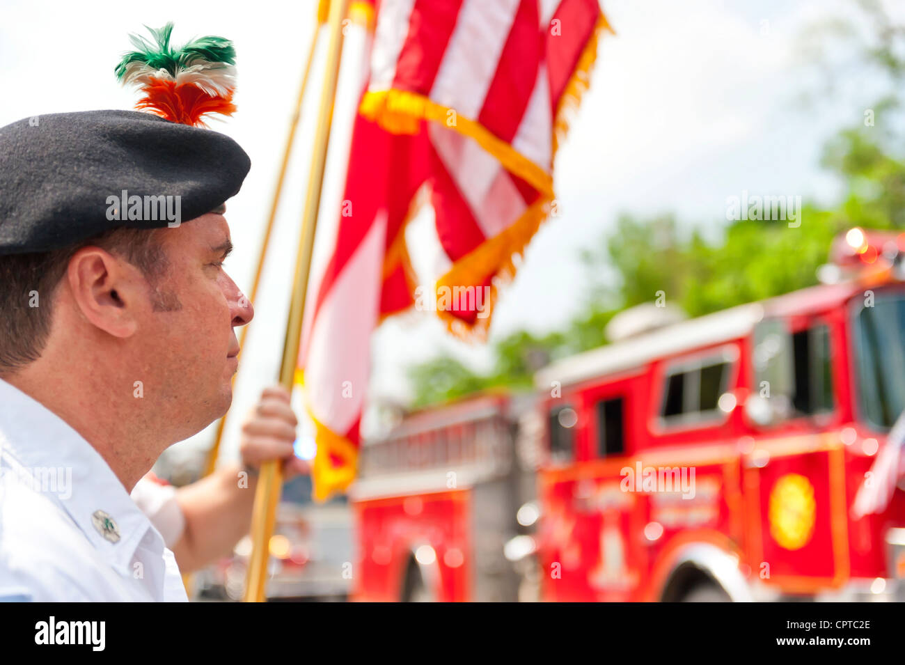 Fire Department Emerald Society member and fire engines in Memorial Day ...