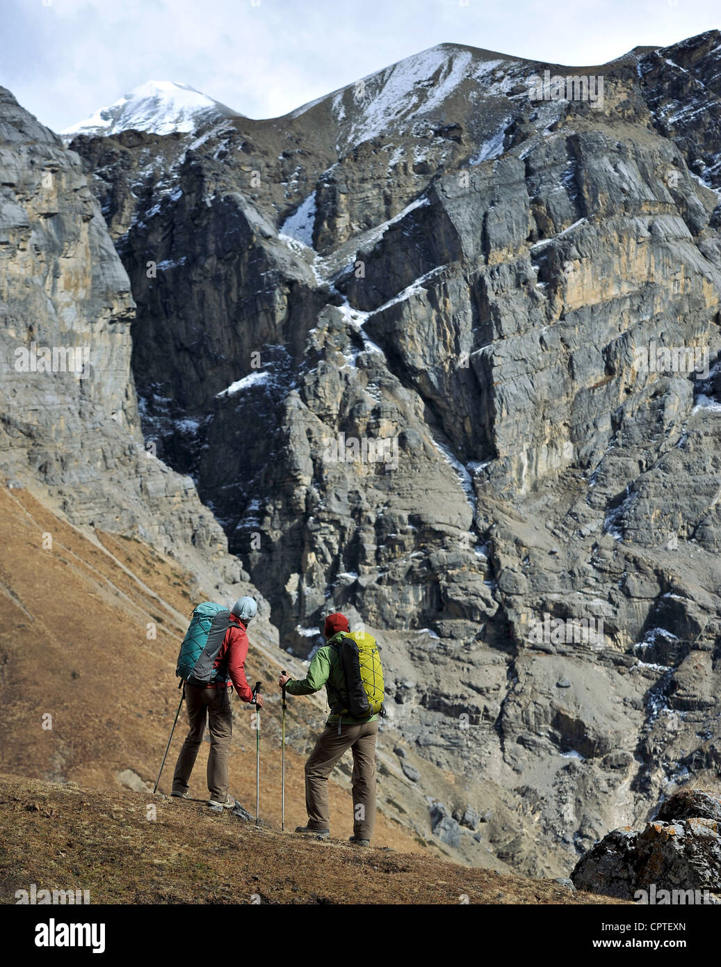 Trekker hiking a ridge in Yak Kharka, Nepal Stock Photo - Alamy