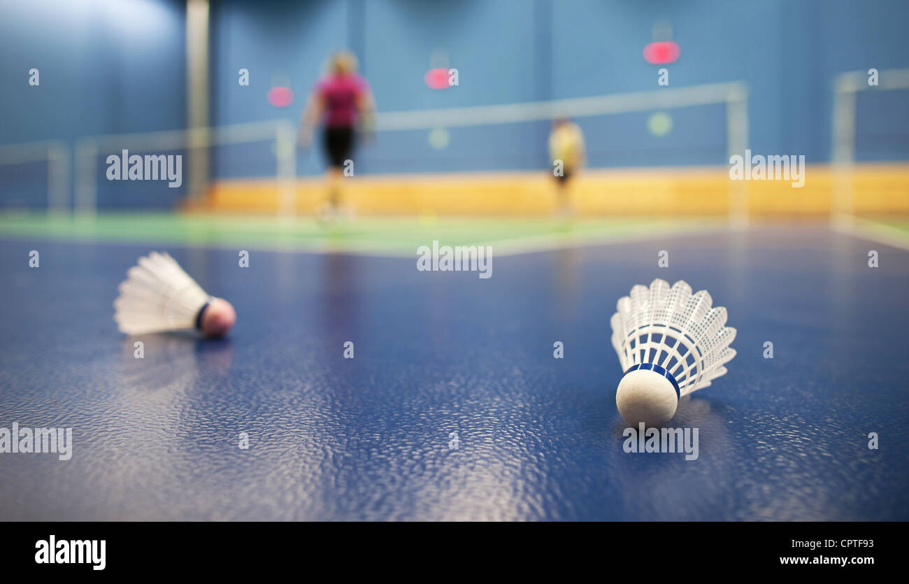 badminton - badminton courts with players competing; shuttlecocks in ...