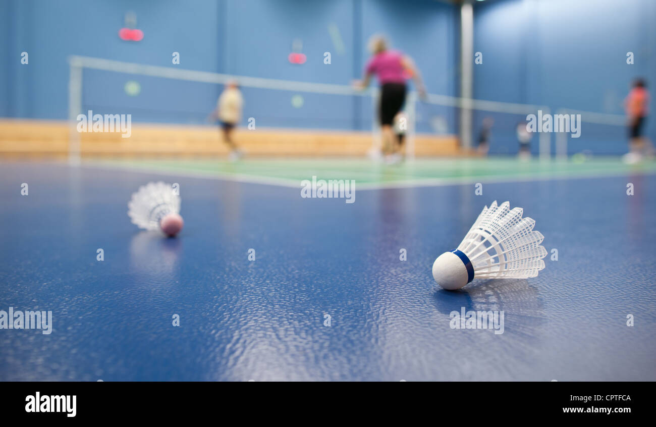 badminton - badminton courts with players competing; shuttlecocks in ...