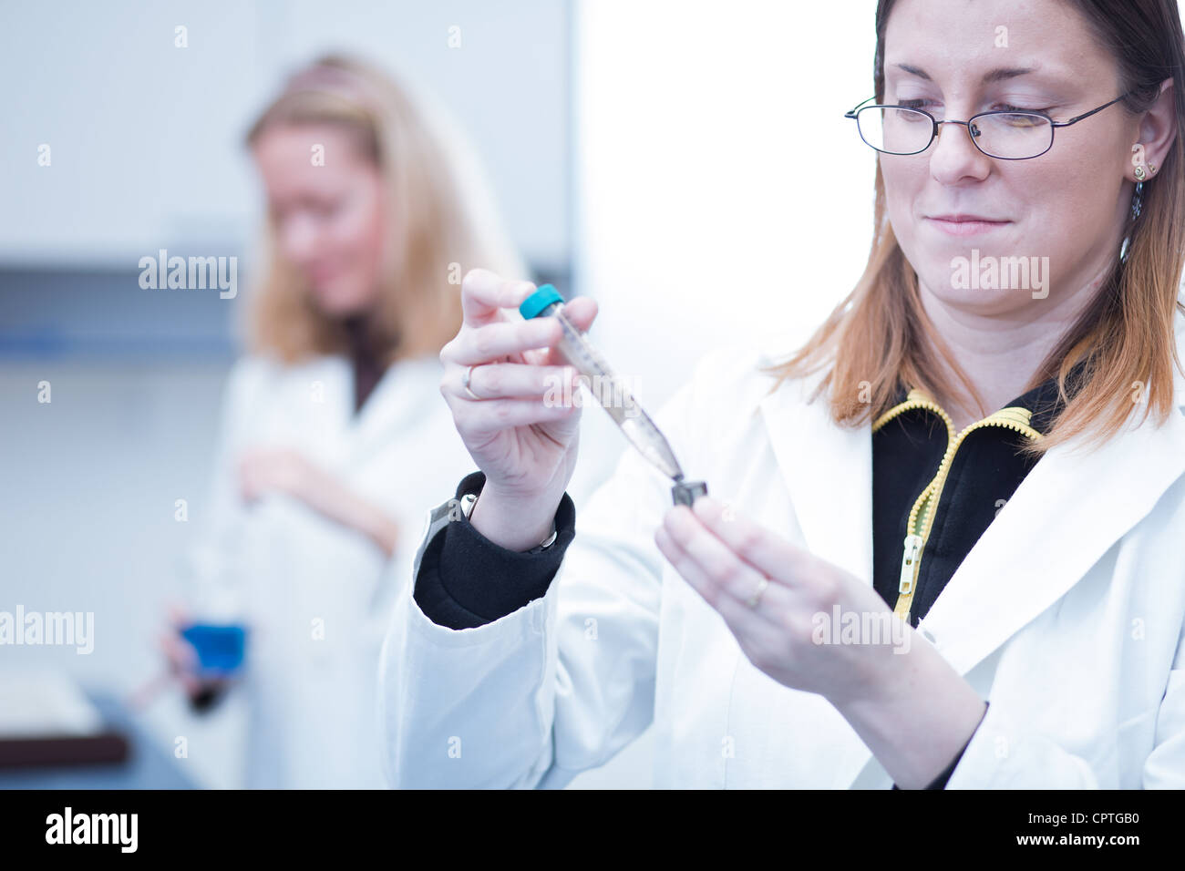 Two female researchers carrying out research in a chemistry ...
