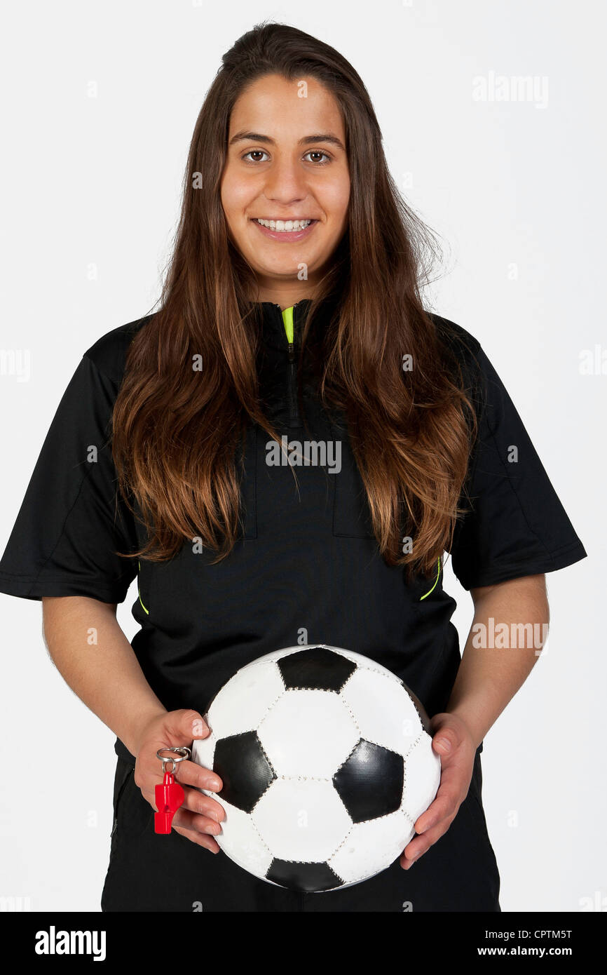 female referee with a soccer ball Stock Photo - Alamy
