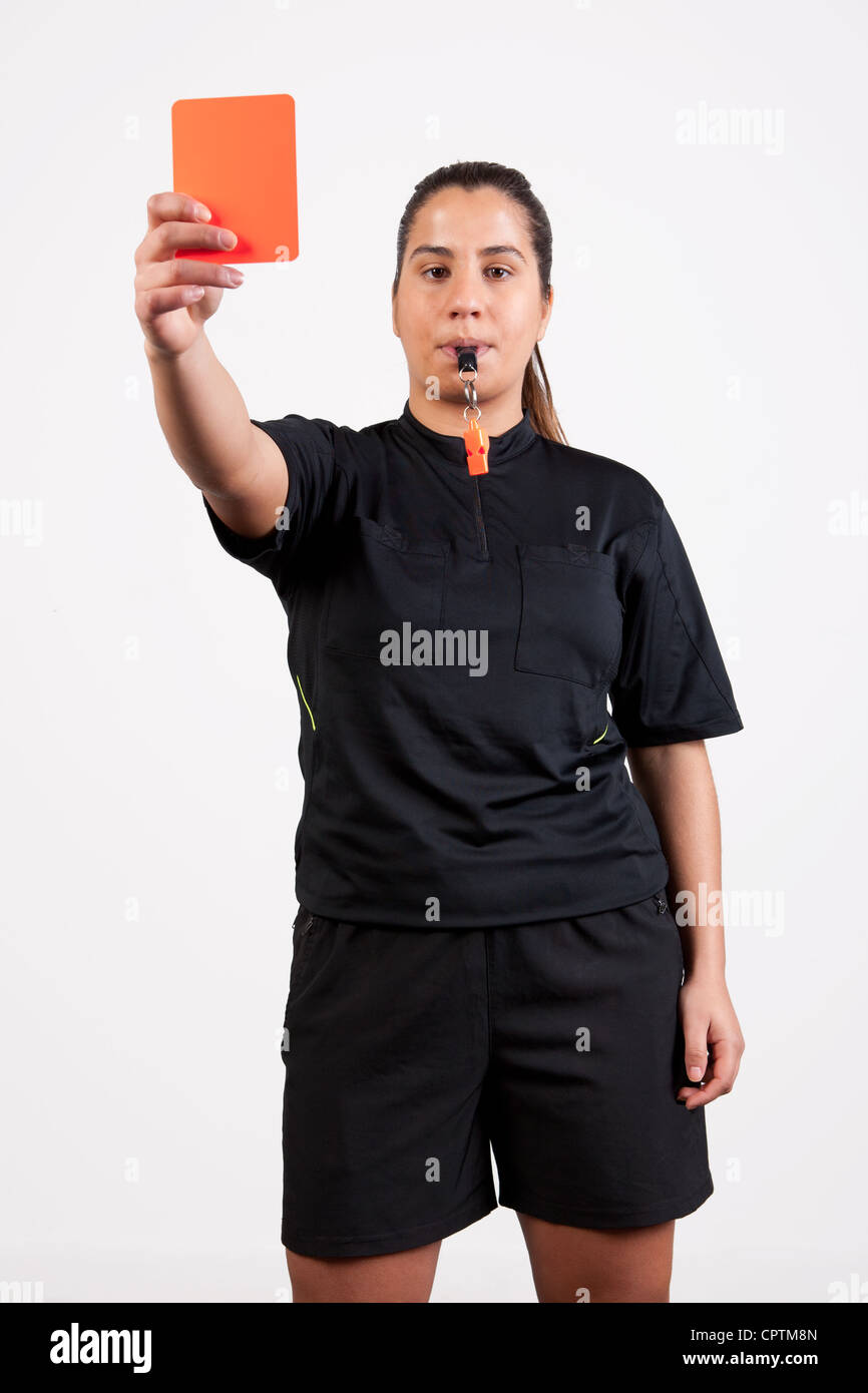 female referee showing the red card Stock Photo - Alamy