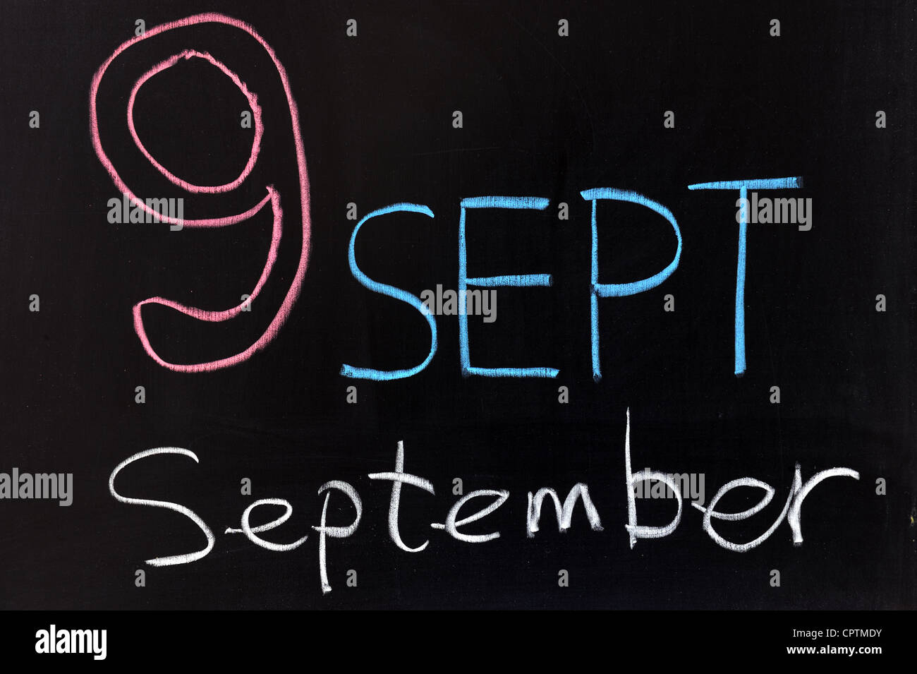 Chalk drawing - September words written on chalkboard Stock Photo - Alamy