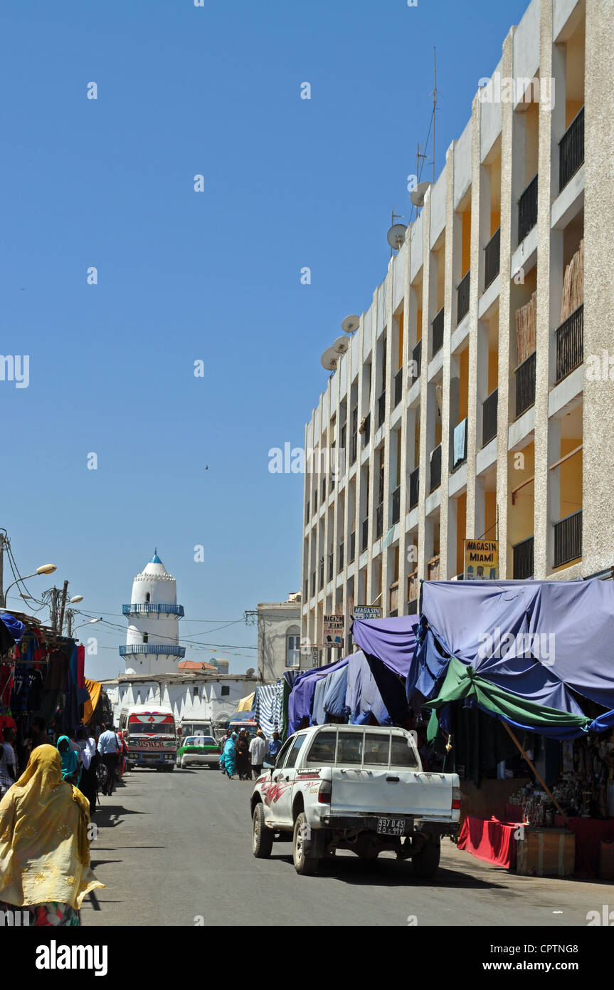 Street scene in Djibouti City, with the historic Hamoudi Mosque at the ...