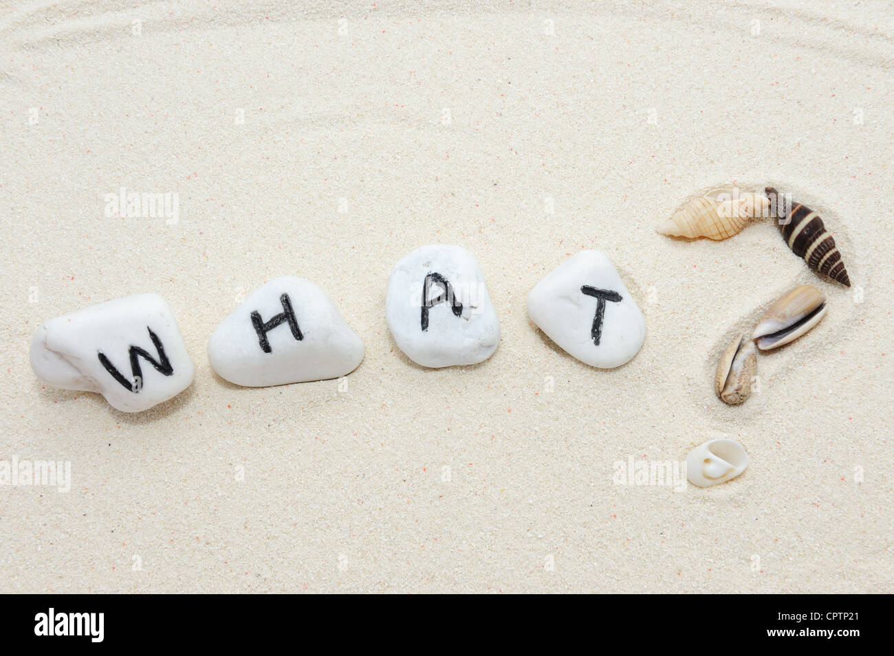 What word on group of stones and question mark made of shells with sand ...