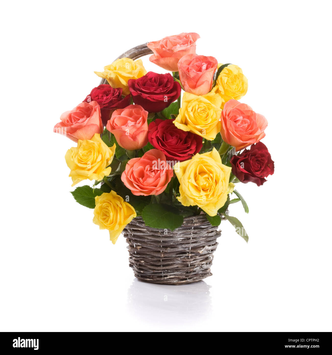 Basket with fresh colorful roses on white background Stock Photo - Alamy