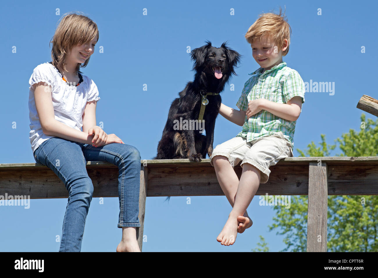 portrait of two children and their dog Stock Photo - Alamy