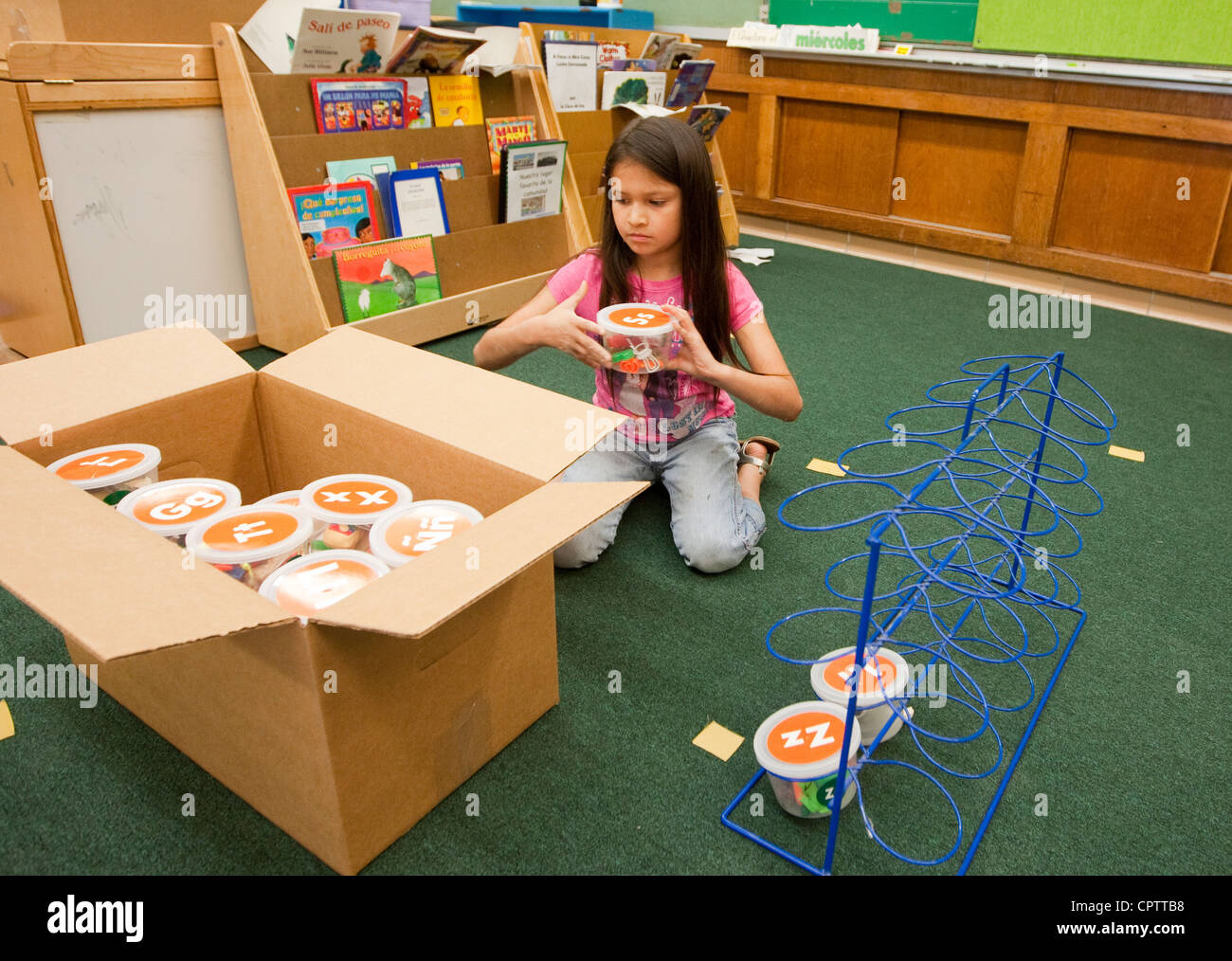9 year old Hispanic student help pack up materials. The elementary ...