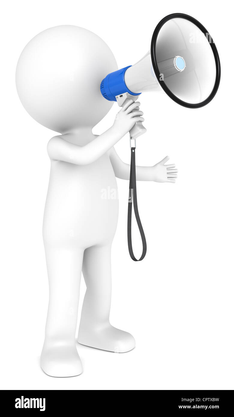 3d little human character with a white and Blue Megaphone. People ...