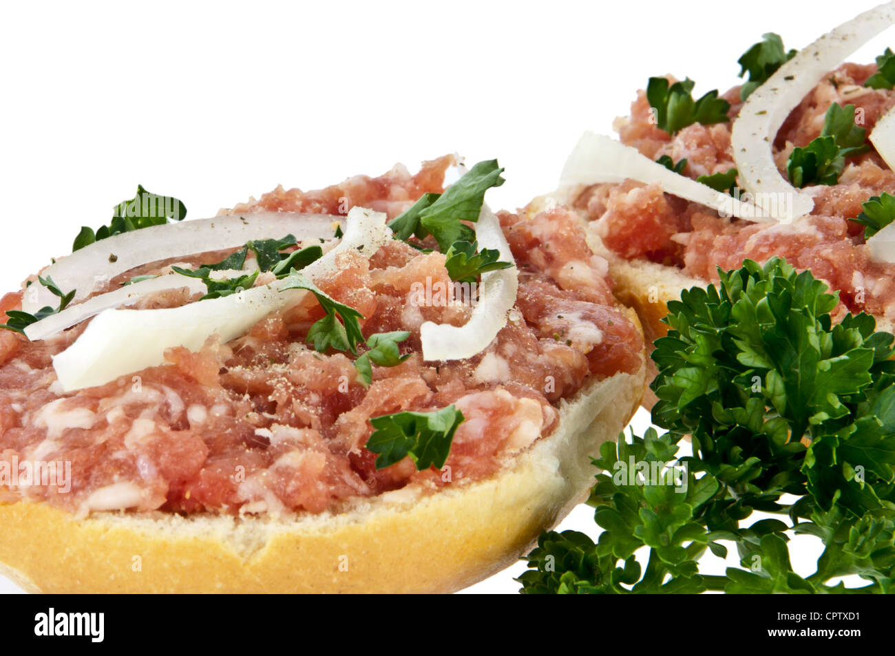 Rolls with minced pork (In German called Mettbrötchen) isolated on ...