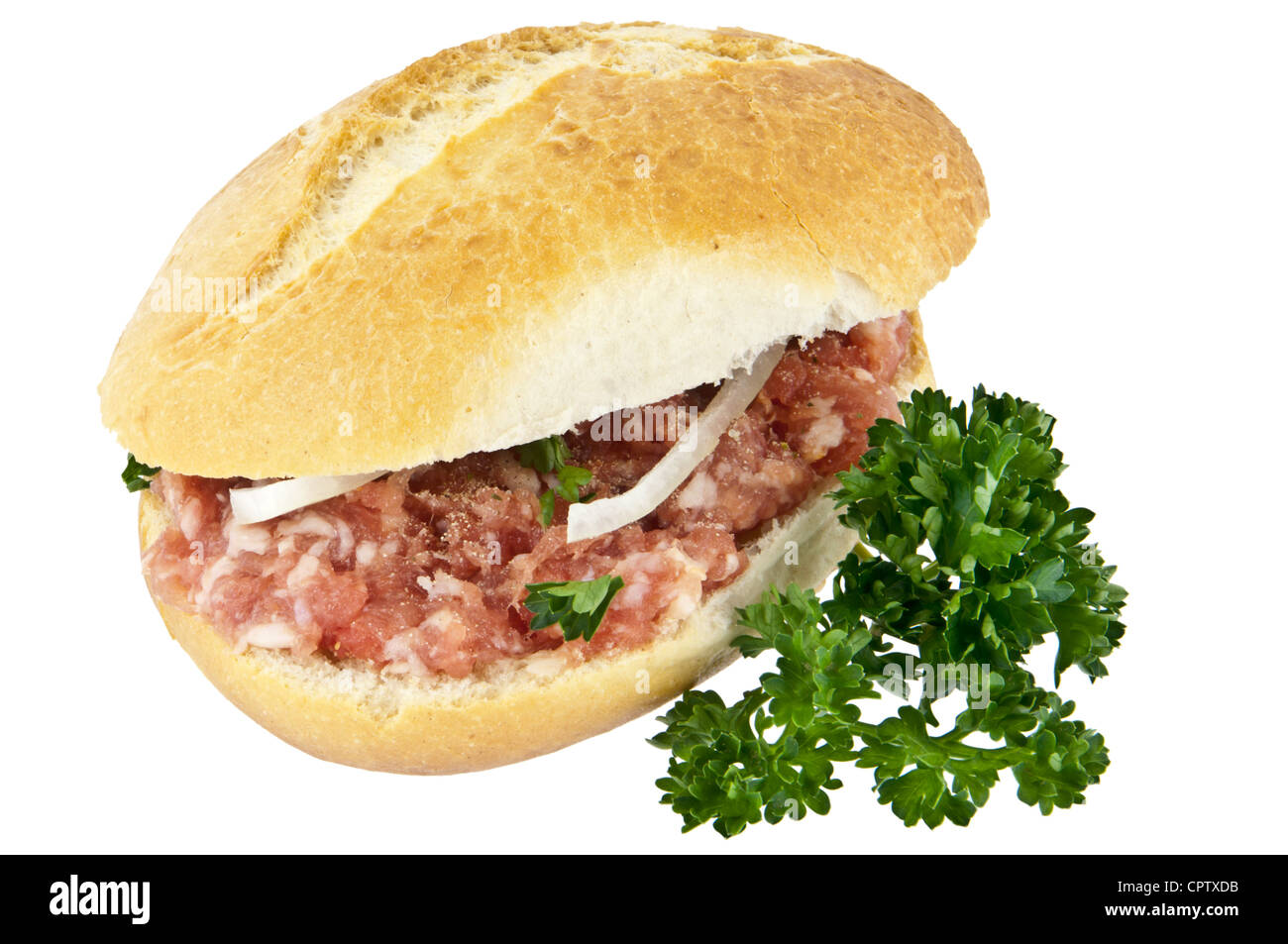 Roll with minced pork (In German called Mettbrötchen) isolated on white ...